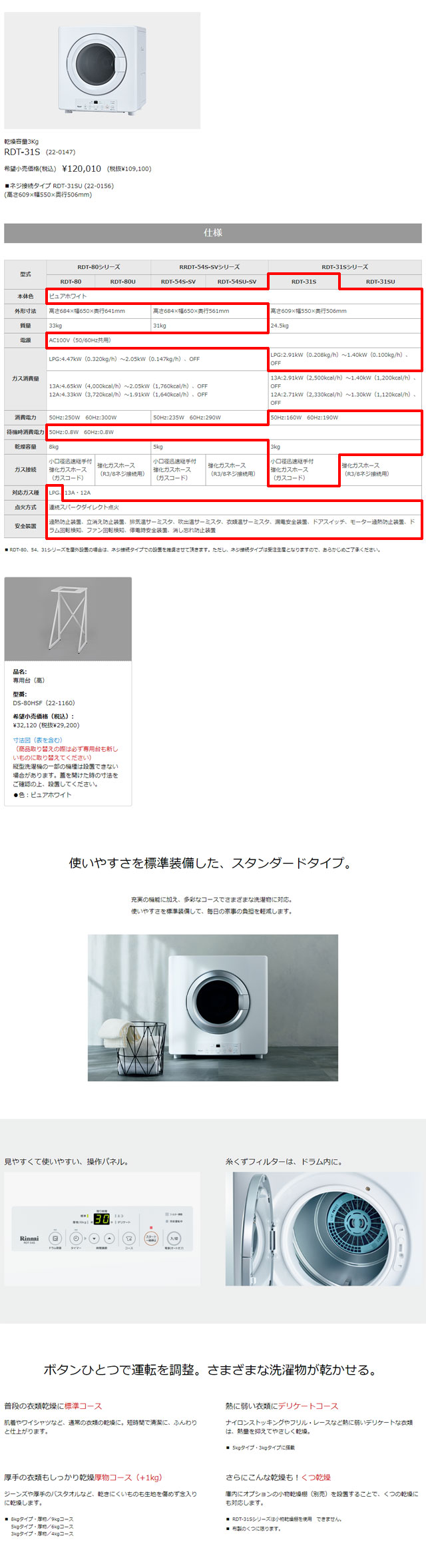 代購代標第一品牌－樂淘letao－【2021年製】リンナイ 家庭用ガス衣類乾燥機 乾太くん RDT-31S LPガス 専用台付 乾燥容量3kg 【長野発】送料別途